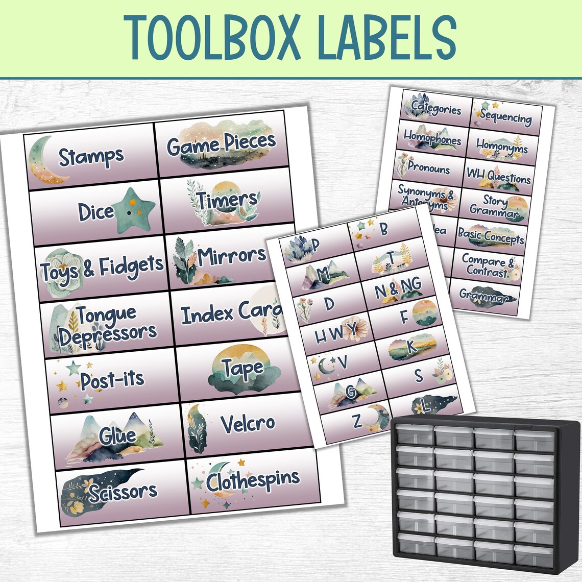 Printable Boho Mountain Speech Therapy Toolbox Labels | 118 Premade or ...