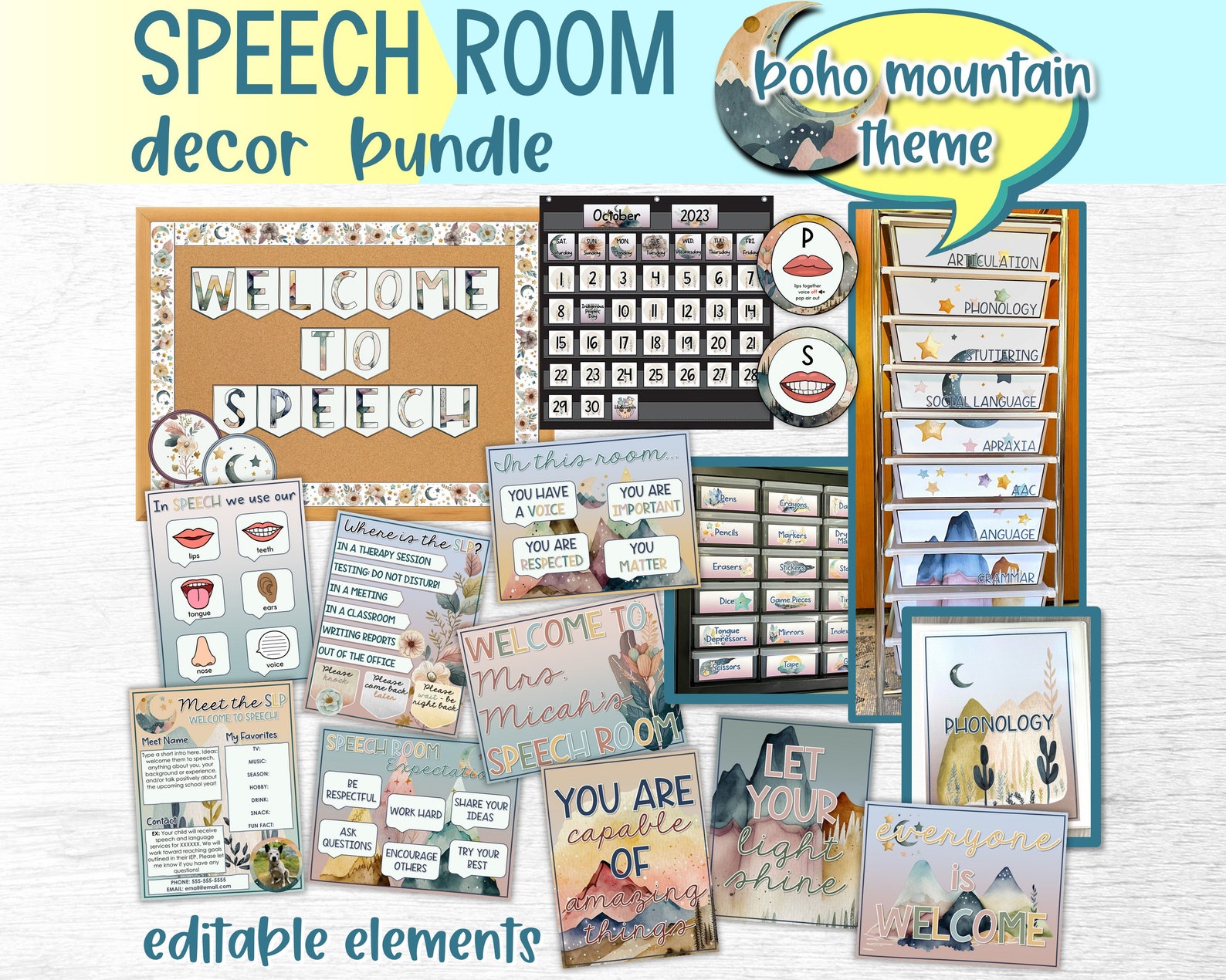 Printable Boho Mountain Speech Room Decor Bundle Bulletin Board Posters ...