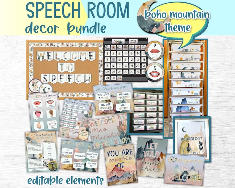 Printable Boho Mountain Speech Room Decor Bundle Bulletin Board Posters ...