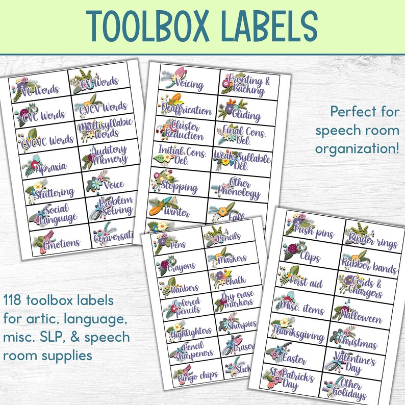 Printable Floral Theme Speech Therapy Toolbox Labels | 118 Premade or ...