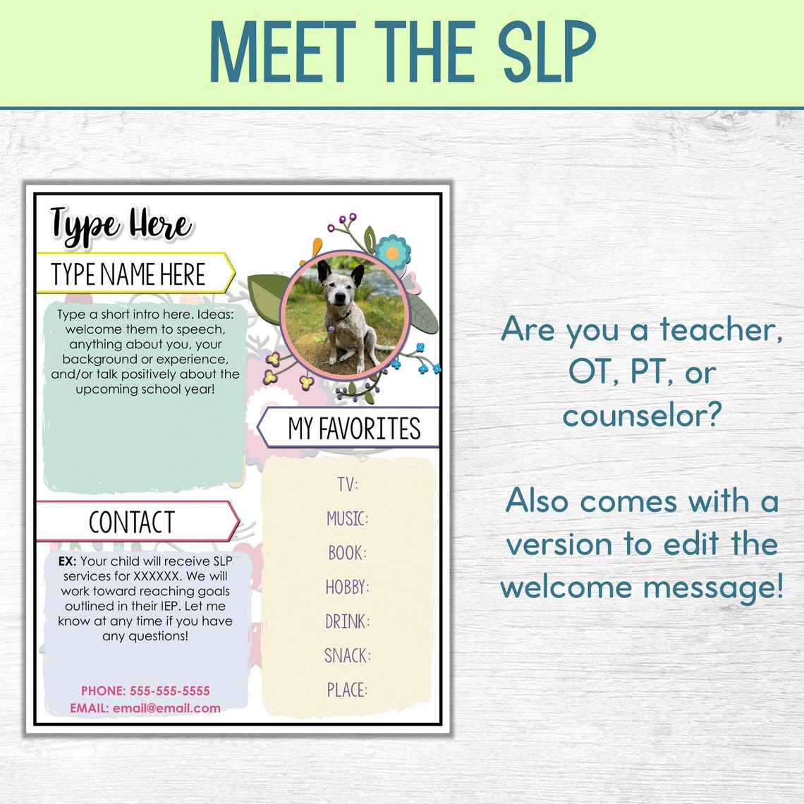 Floral Meet the SLP or Teacher Handout | Editable Text & Picture ...