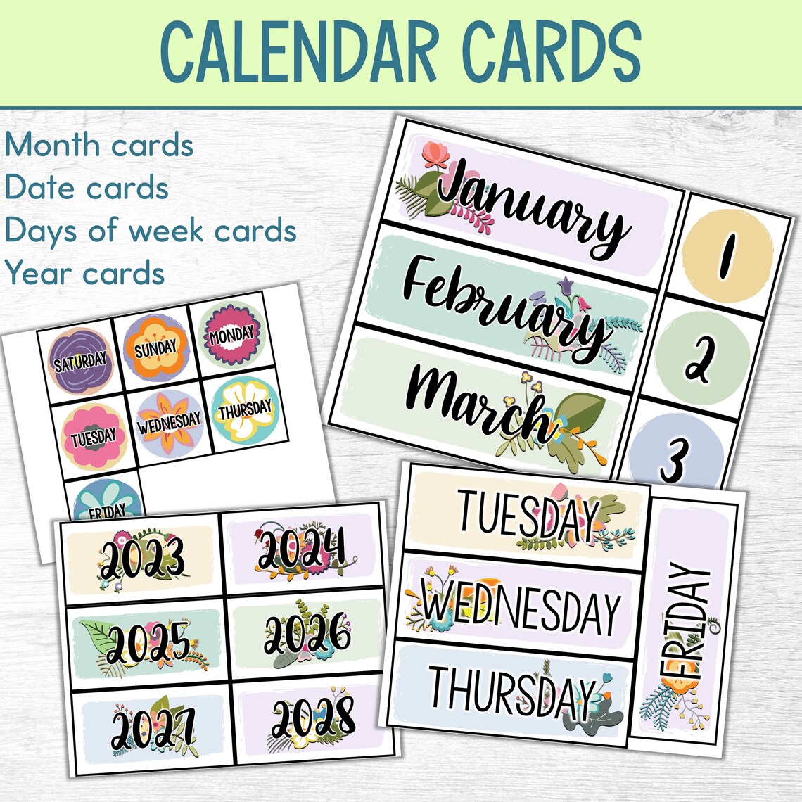 Printable Floral Theme Flip or Pocket Chart Calendar Headers | Calendar ...