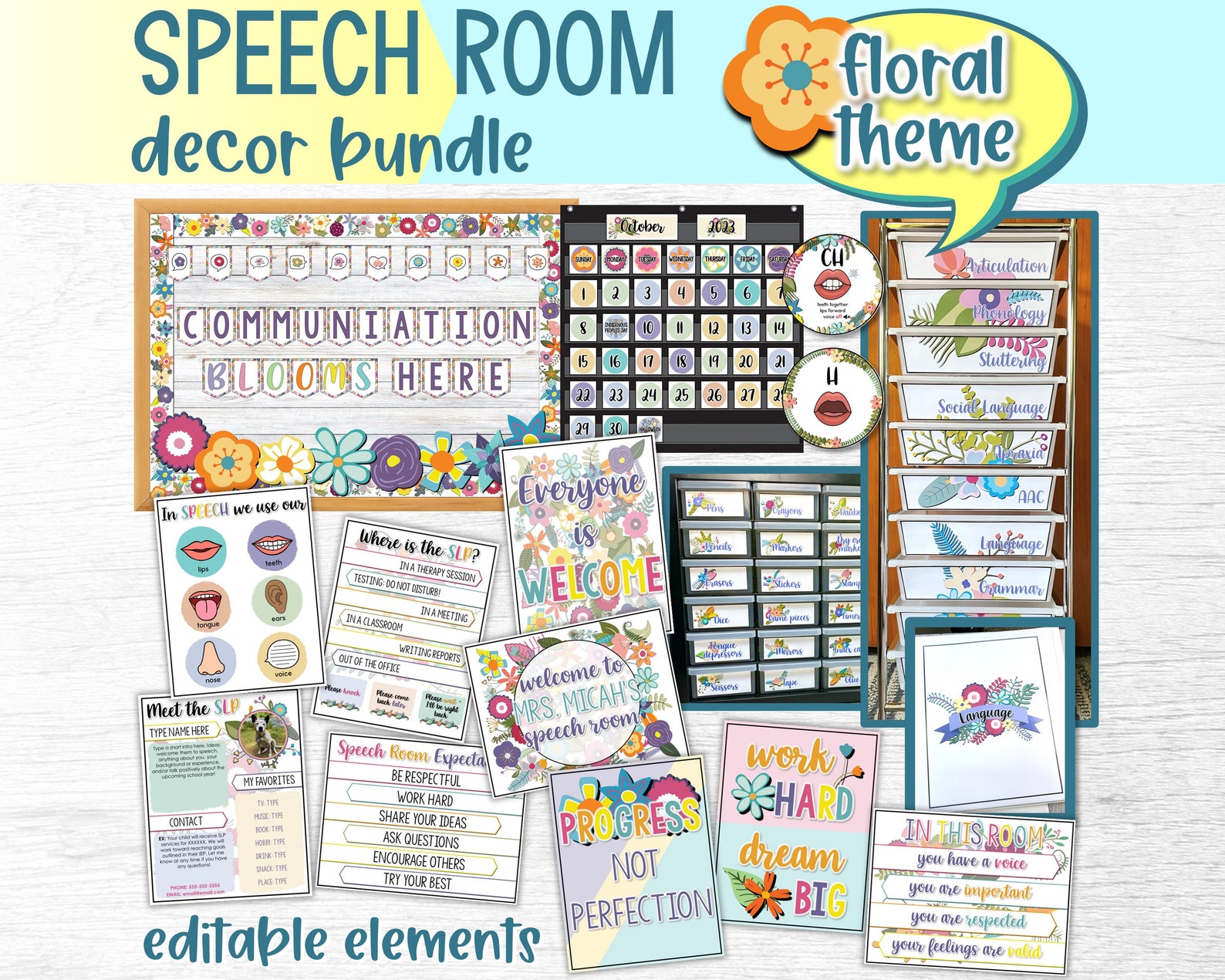Printable Floral Speech Therapy Room Decor Bundle | Bulletin Board ...