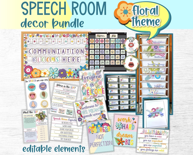 Printable Floral Speech Therapy Room Decor Bundle | Bulletin Board ...