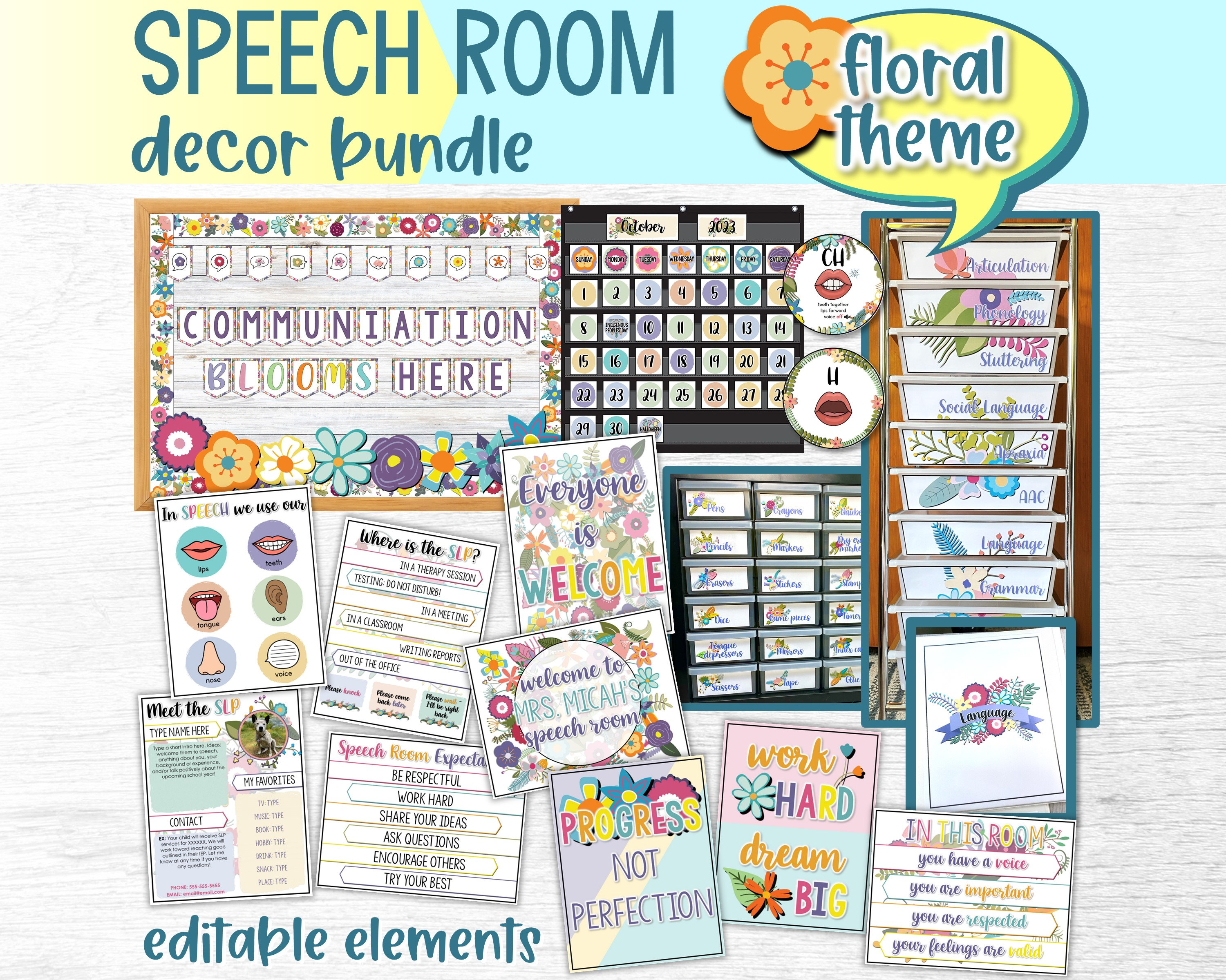 Printable Floral Speech Therapy Room Decor Bundle | Bulletin Board ...