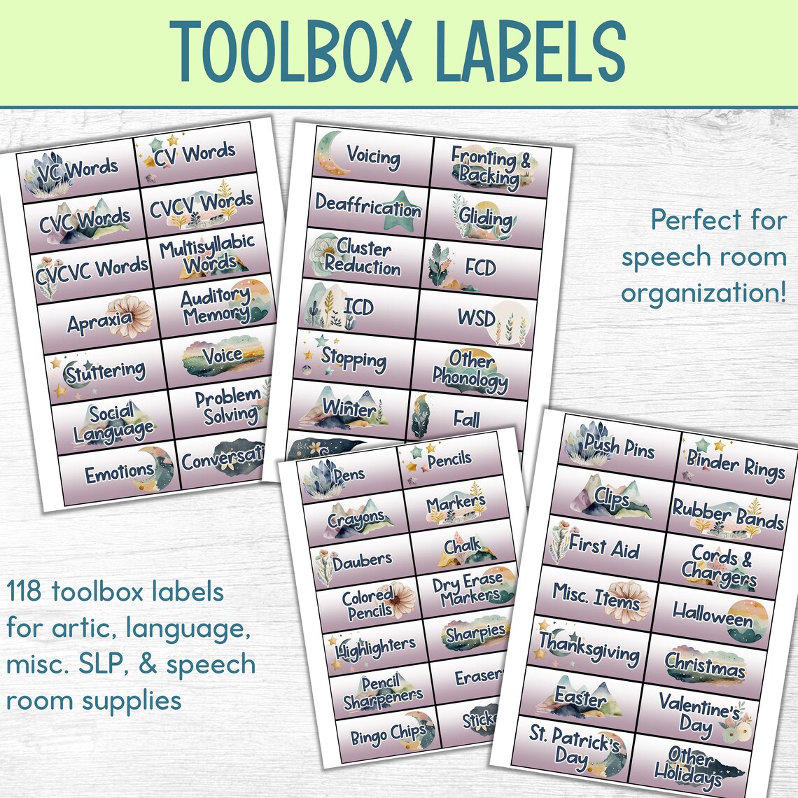 Printable Boho Mountain Speech Therapy Toolbox Labels | 118 Premade or ...