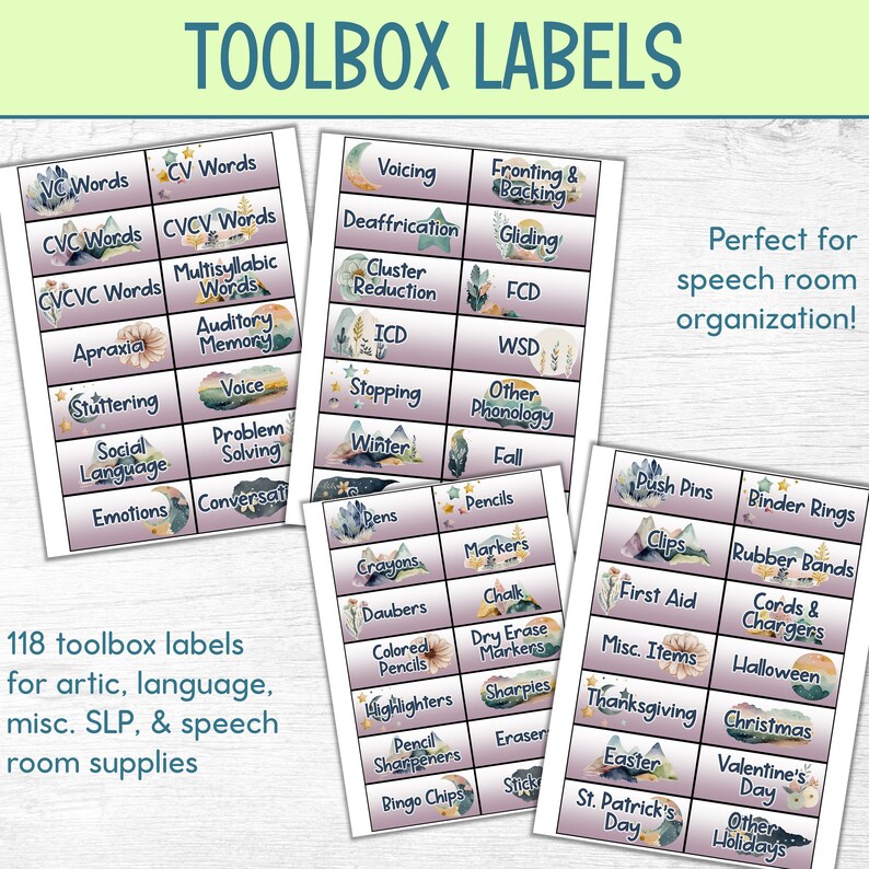 Printable Boho Mountain Speech Therapy Toolbox Labels | 118 Premade or ...