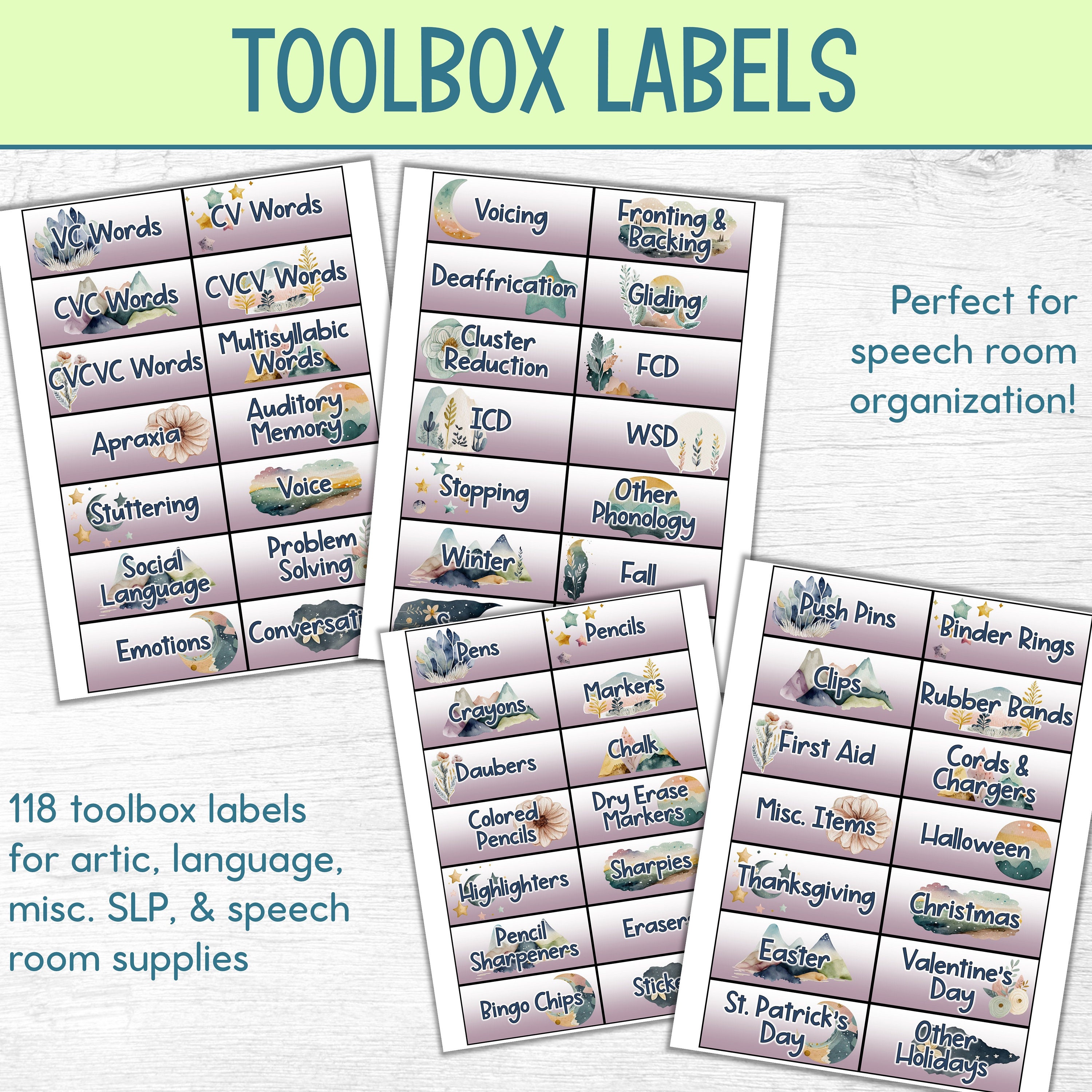 Printable Boho Mountain Speech Therapy Toolbox Labels | 118 Premade or ...