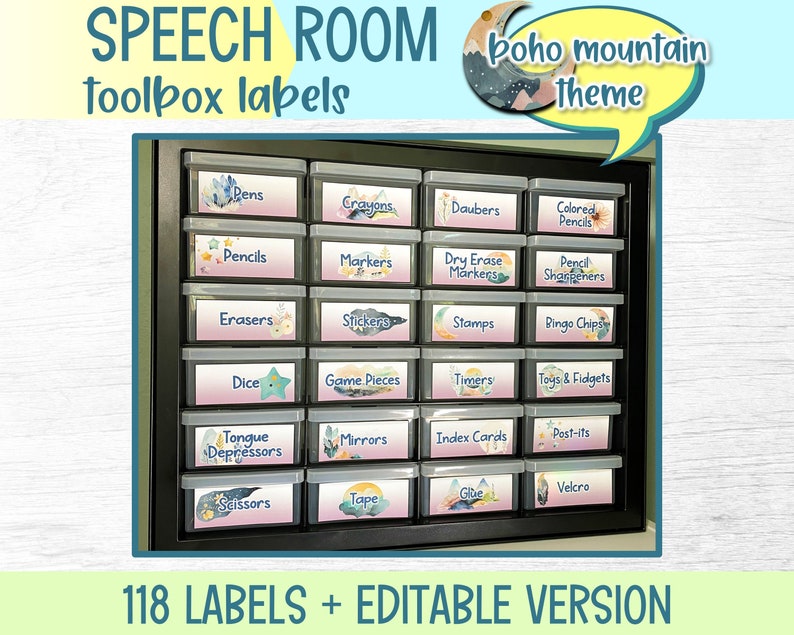 Printable Boho Mountain Speech Therapy Toolbox Labels | 118 Premade or ...