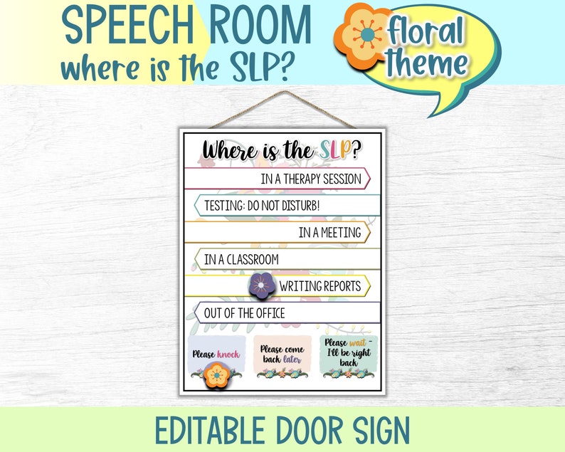 Printable Floral Theme Where is the SLP Door Sign | Speech Therapy Room ...