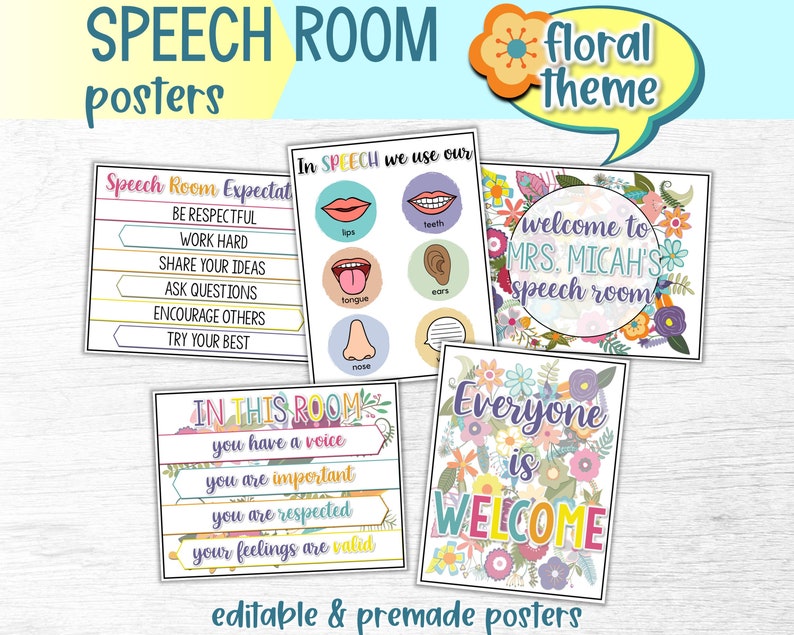 Printable Floral Theme Speech Therapy Room Decor | SLP Posters Wall ...