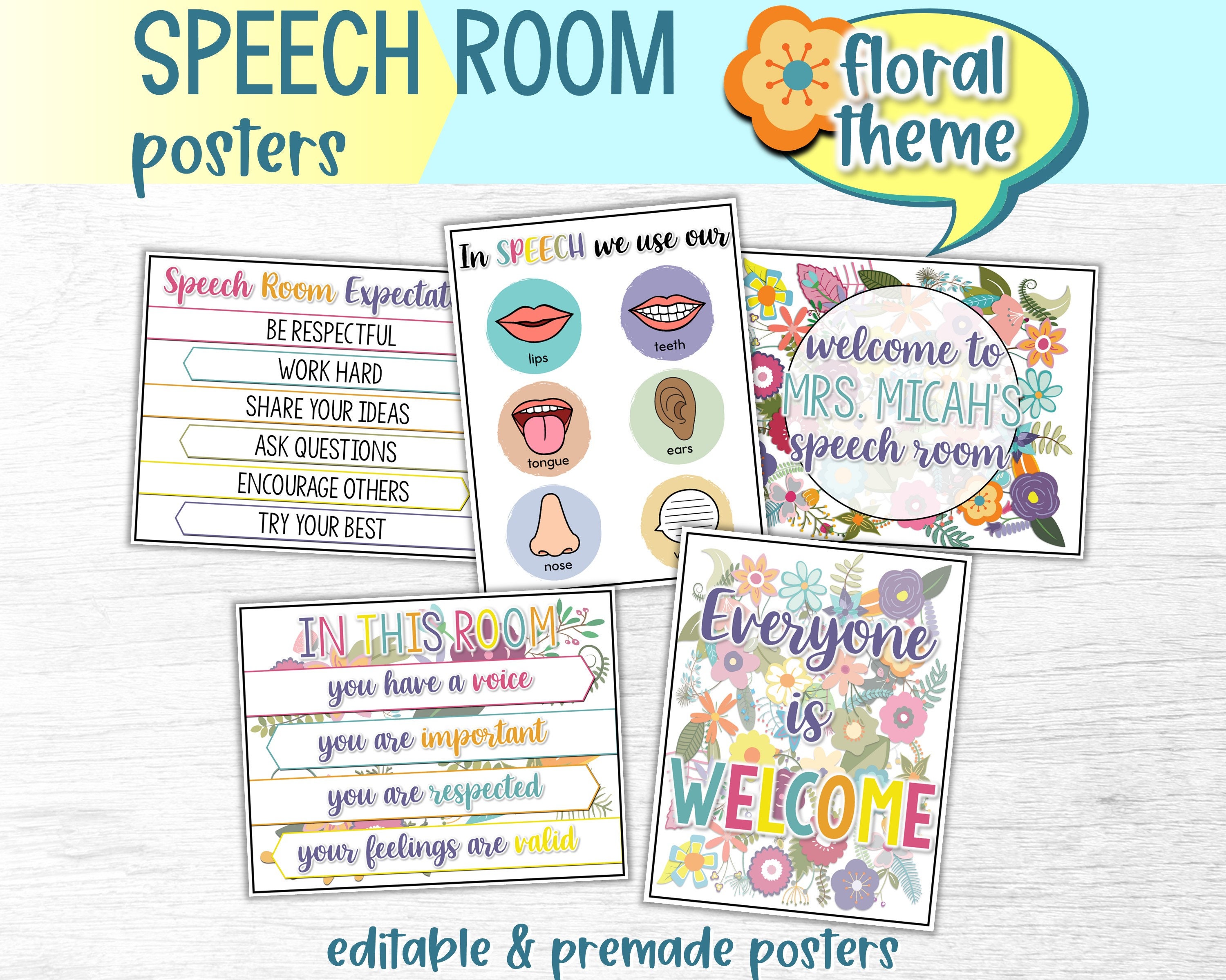 Printable Floral Theme Speech Therapy Room Decor | SLP Posters Wall ...