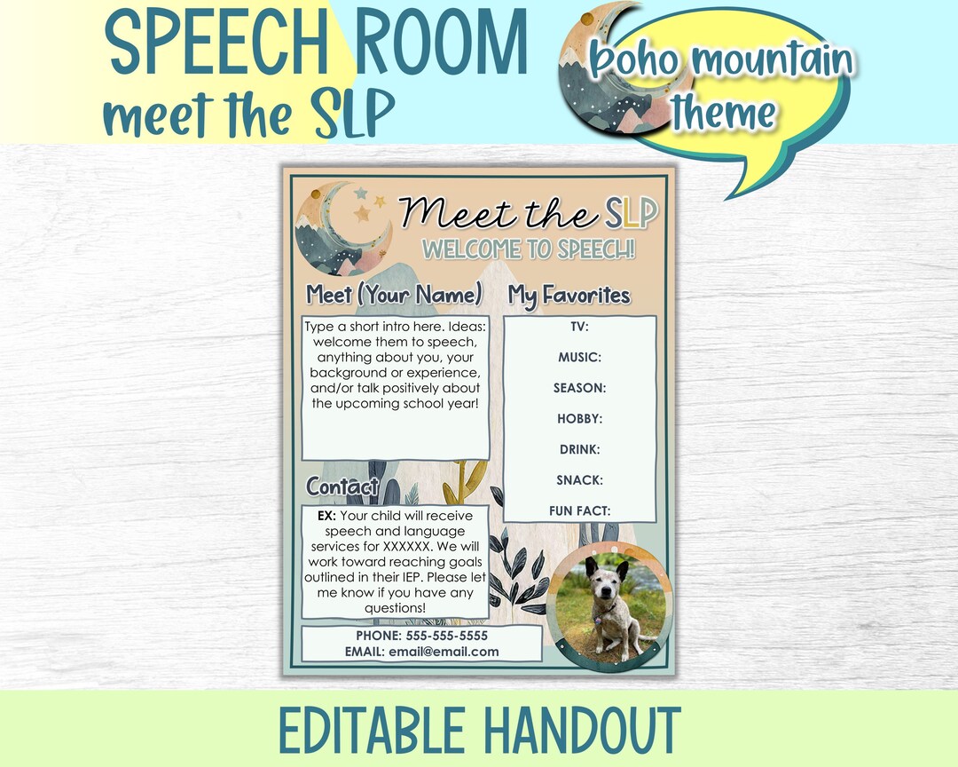 Printable Boho Mountain Meet the SLP Handout | Speech Therapist ...