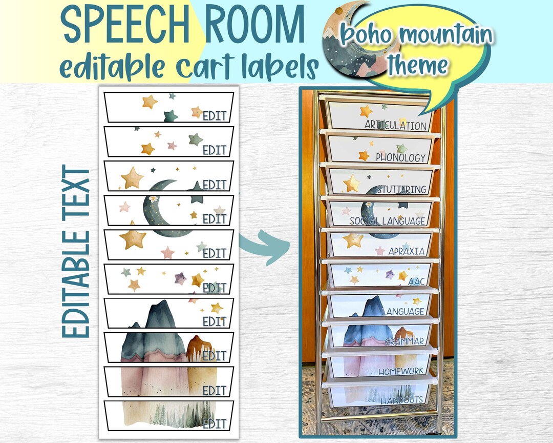 Printable Boho Mountain Editable Text 10 Drawer Rolling Cart Labels SLP ...