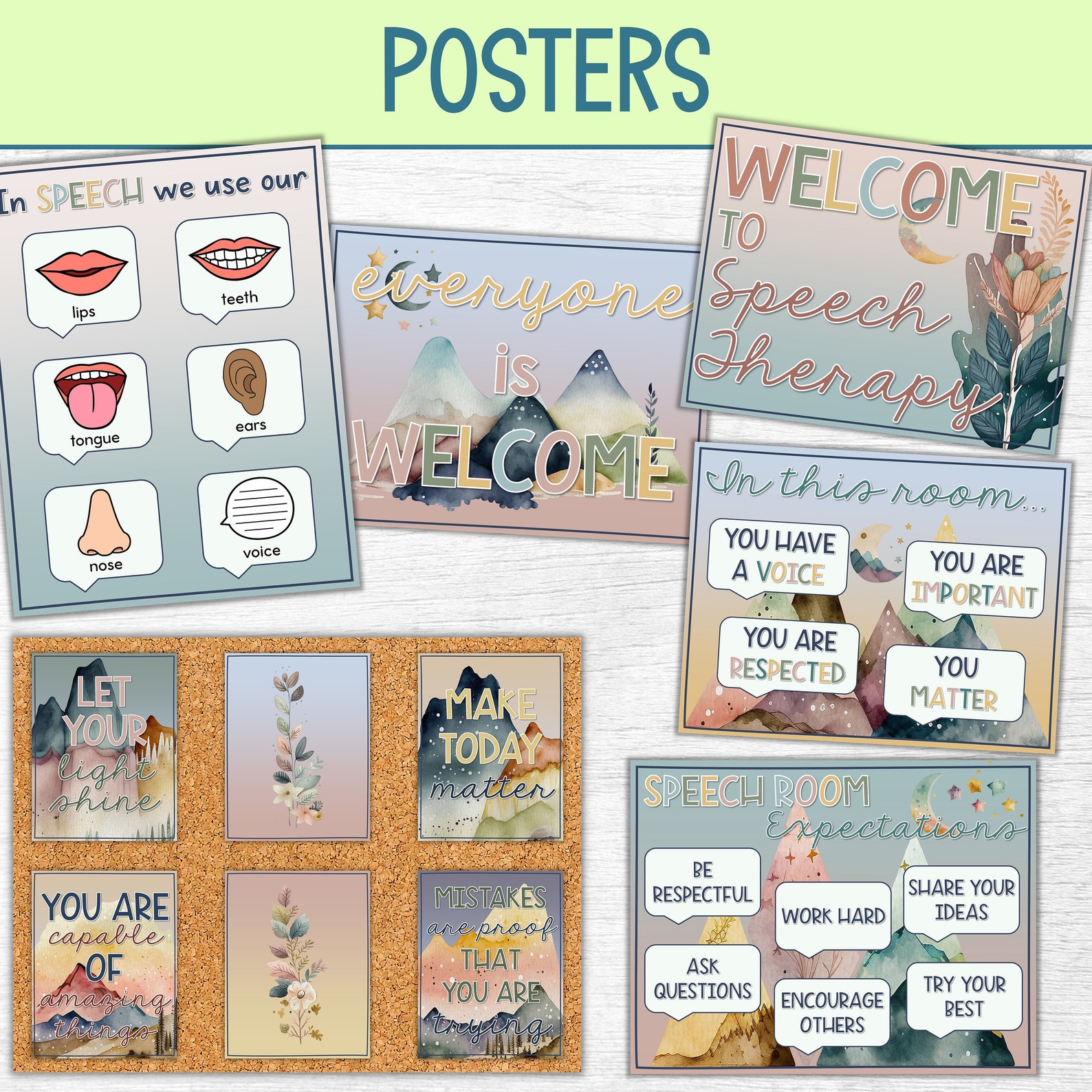 Printable Boho Mountain Speech Therapy Room Decor Bundle | Bulletin ...