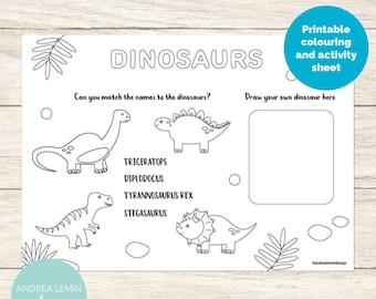 Dinosaur Printable Activity Sheet Placemat, Kids Dinosaur Colouring ...