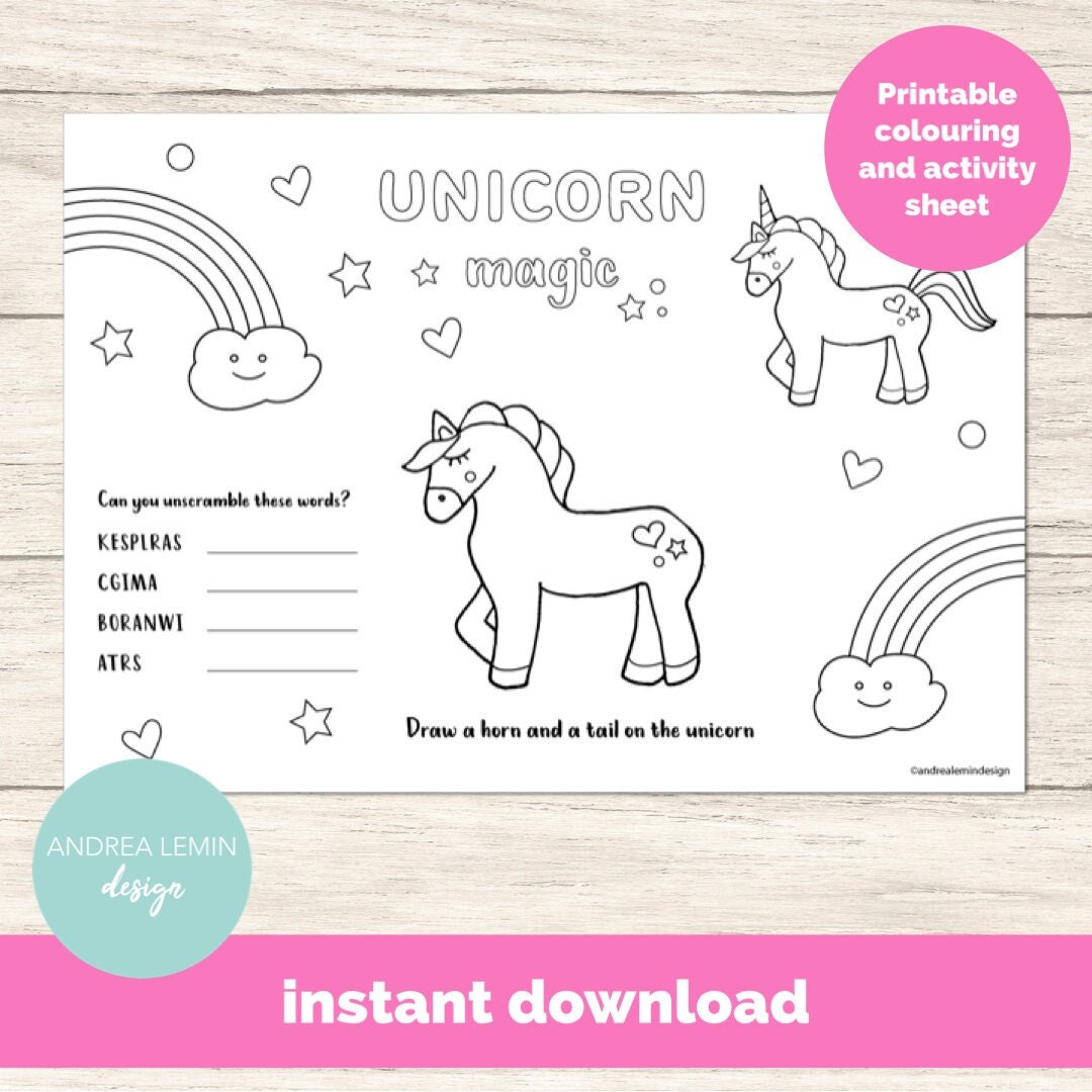 Unicorn Printable Colouring and Activity Sheet / Placemat - Etsy