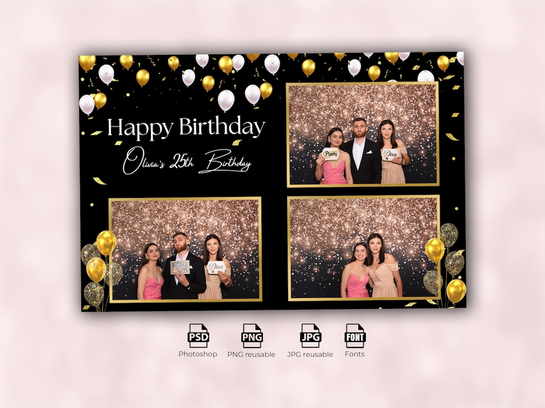 Birthday Photo Booth Template Black Gold and White, 4x6 Photobooth ...