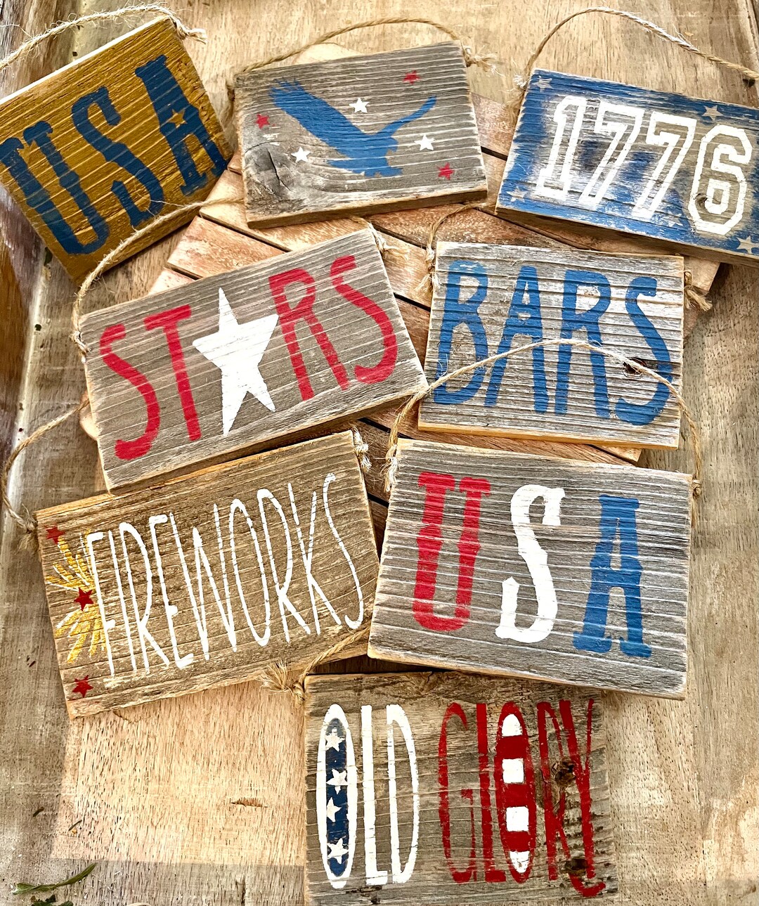 Rustic Patriotic TINY SIGNS Set of 2 Shelf Sitter Tiered Tray Decor ...