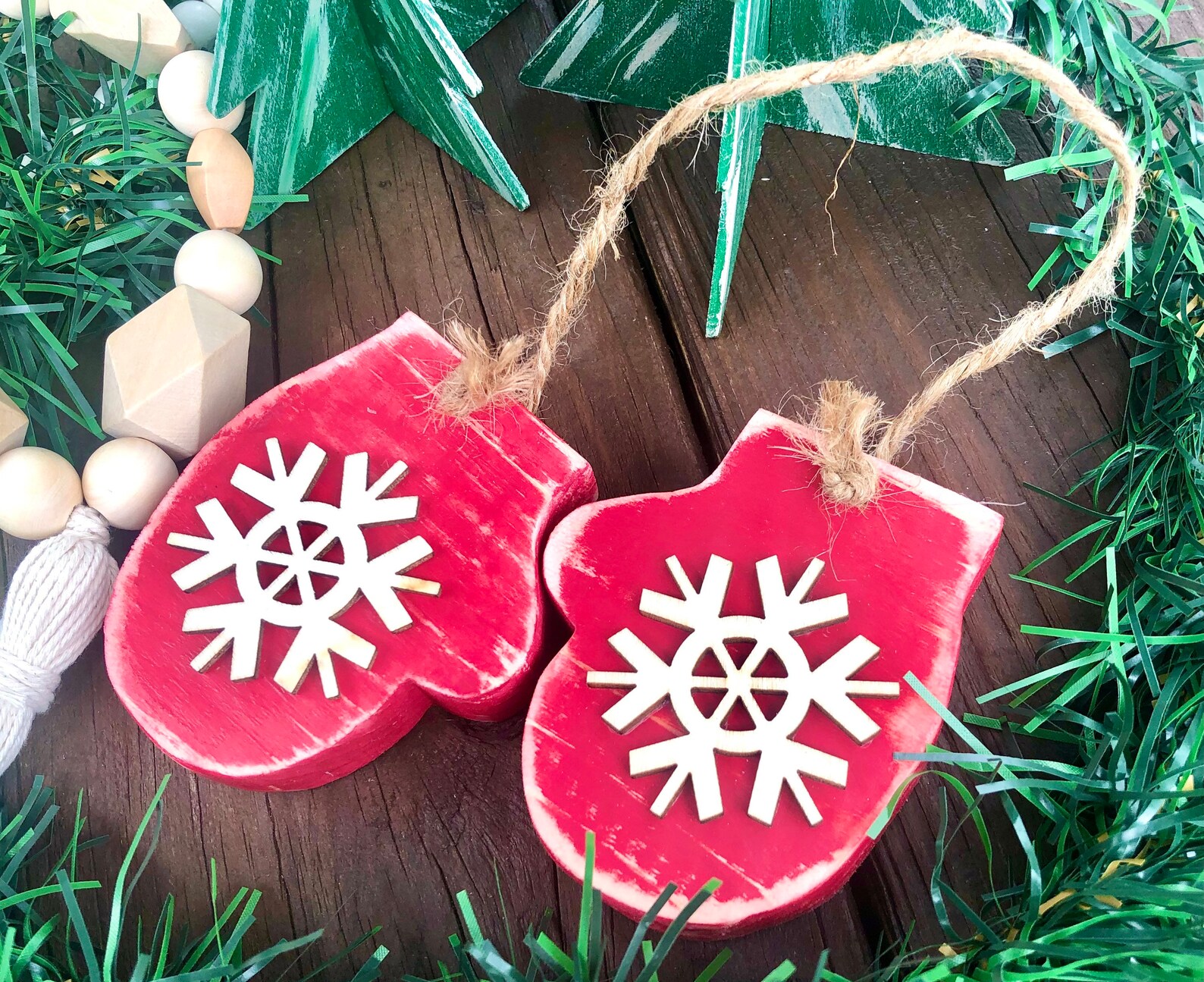 Chunky Rustic Wood Mittens CHRISTMAS ORNAMENTS Pair White Red | Etsy