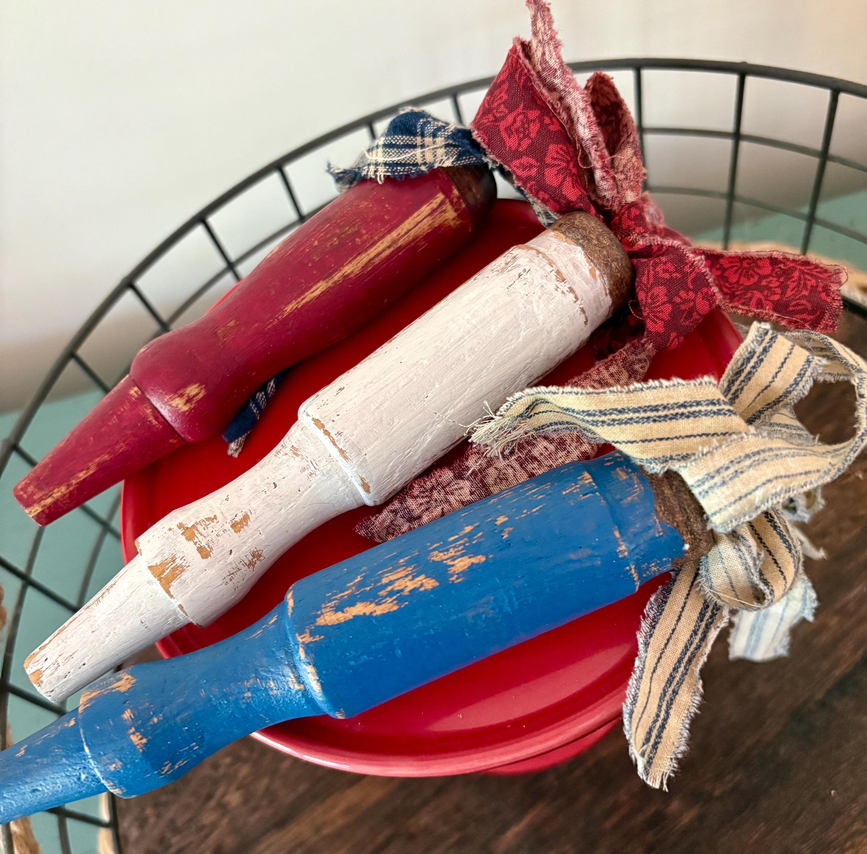 Upcycled PATRIOTIC SPINDLES Chunky Red White Blue Rustic Wood Farmhouse ...