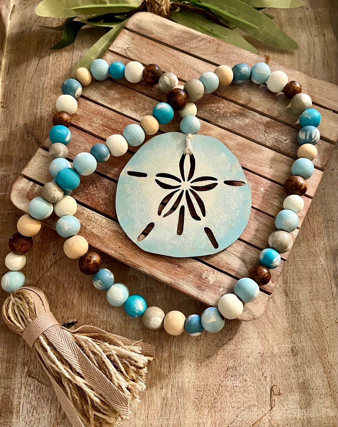 Coastal Wood Bead GARLAND With Sanddollar Rustic Farmhouse Beach House ...