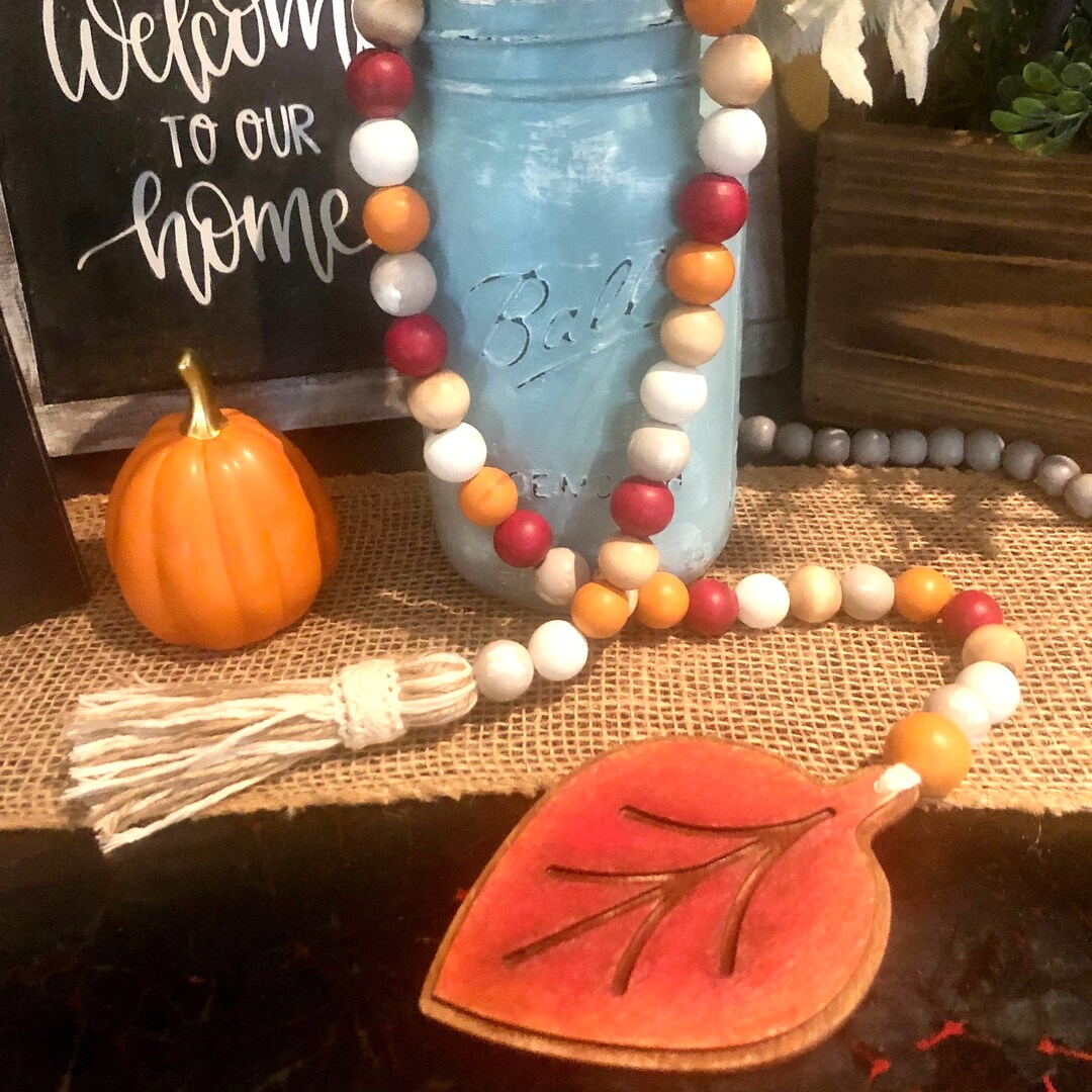 Rustic WOOD BEAD GARLAND Fall Farmhouse Decor "leaf" Twine/jute/lace ...