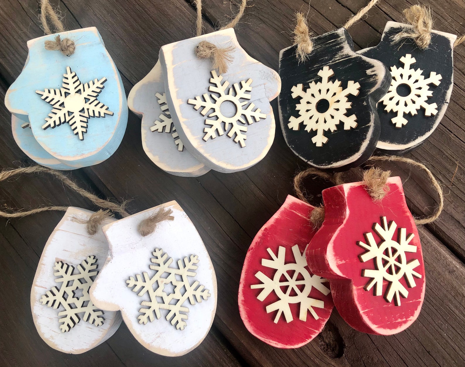 Chunky Rustic Wood Mittens CHRISTMAS ORNAMENTS Pair White Red - Etsy