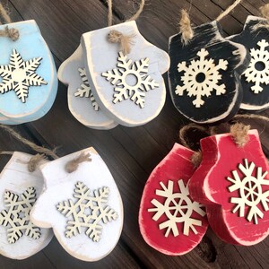 Chunky Rustic Wood Mittens CHRISTMAS ORNAMENTS Pair White Red | Etsy