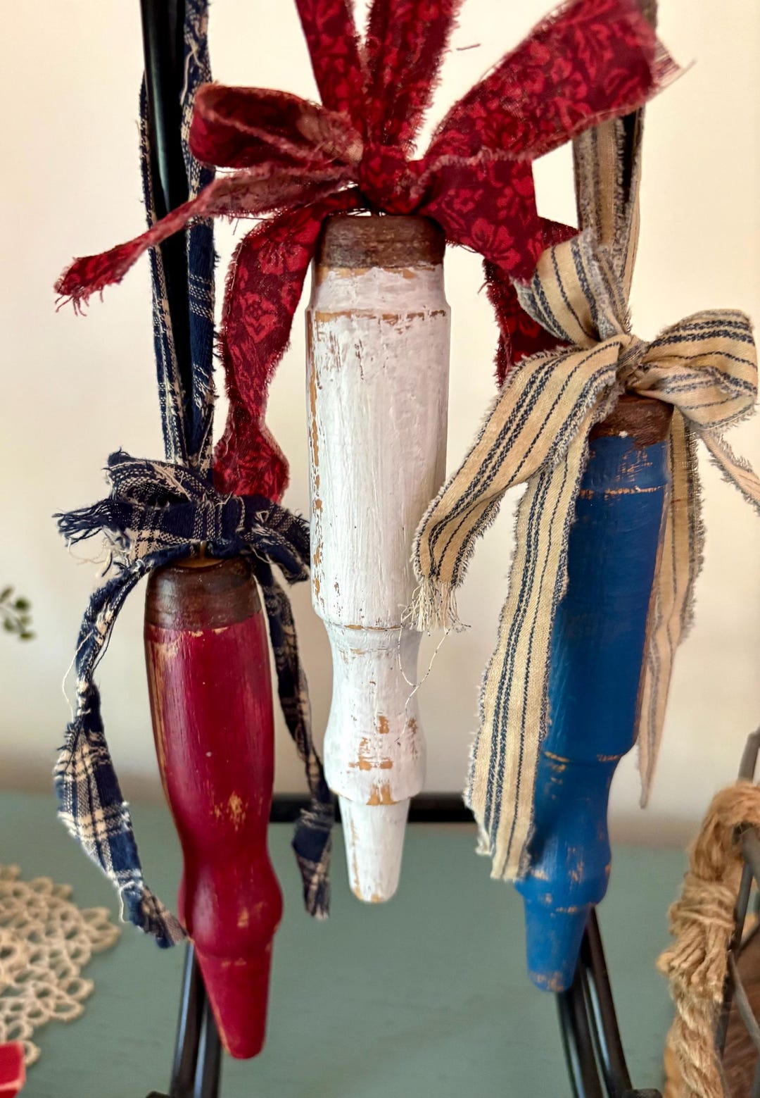 Upcycled PATRIOTIC SPINDLES Chunky Red White Blue Rustic Wood Farmhouse ...