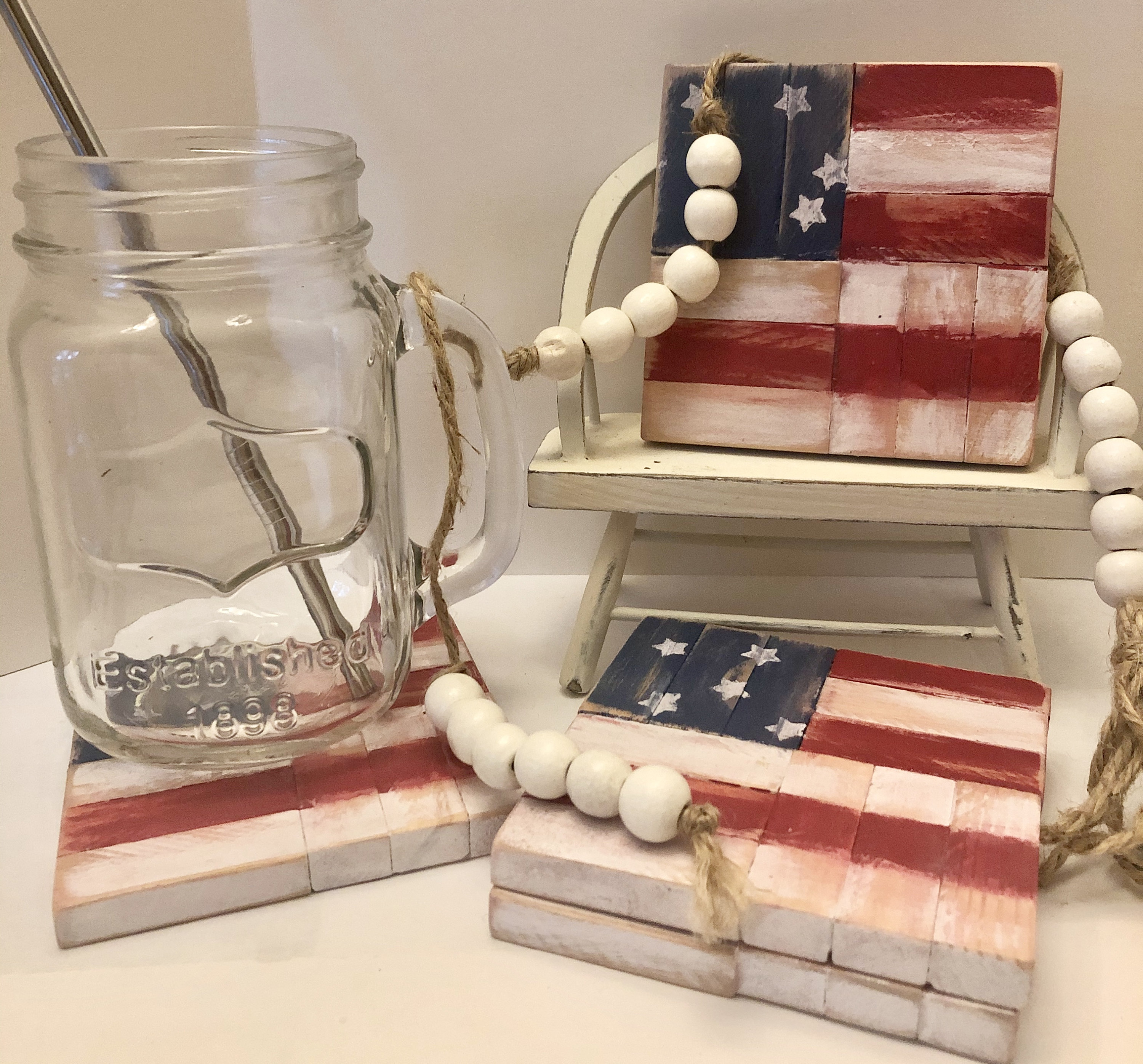 American Flag SET of 4, Handmade WOOD COASTERS Red/white/blue Farmhouse ...