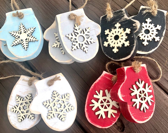 Chunky Rustic Wood Mittens CHRISTMAS ORNAMENTS Pair White Red - Etsy
