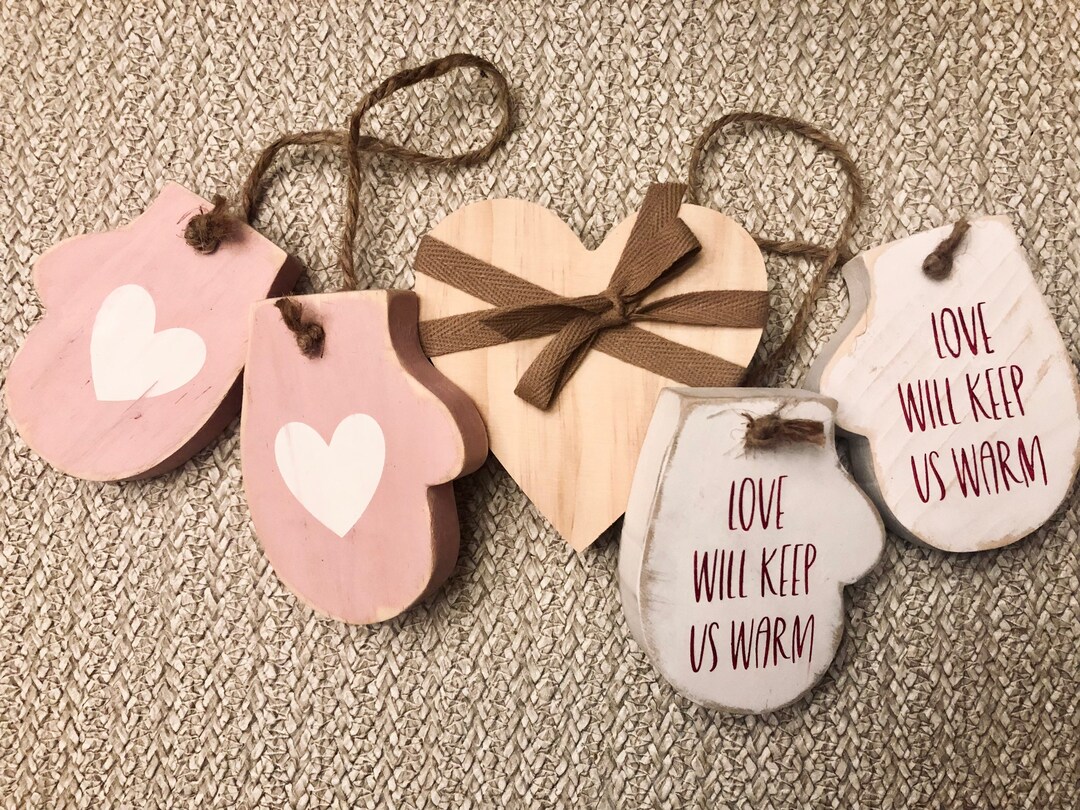 Chunky Rustic Wood Mittens Pair Pink White Heart / Love Will Keep Us ...