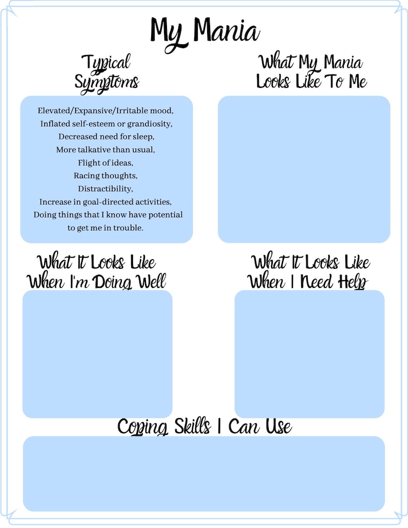 Mania Worksheet (blue) - Etsy