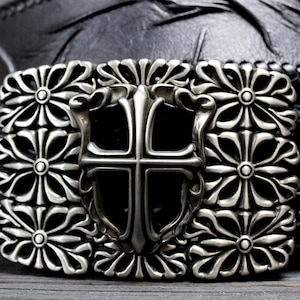 Black Leather Handbraided Belt Gothic Cross, Handmade Black Leather ...