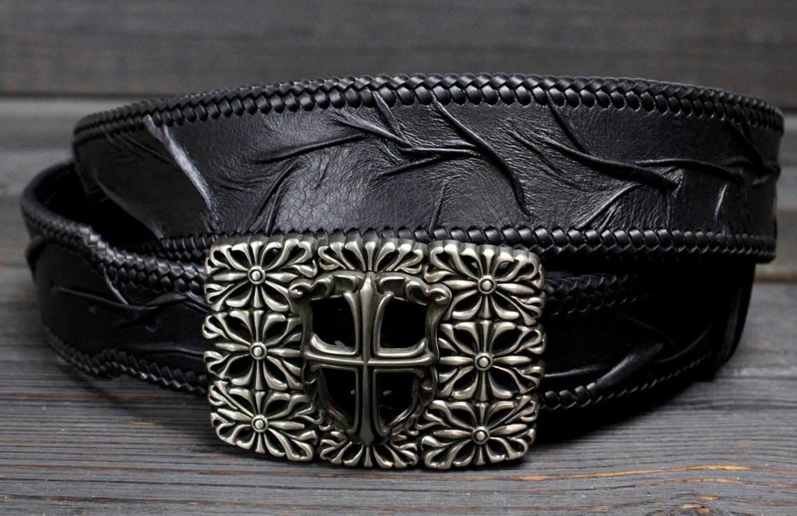 Black Leather Handbraided Belt Gothic Cross Handmade Black | Etsy
