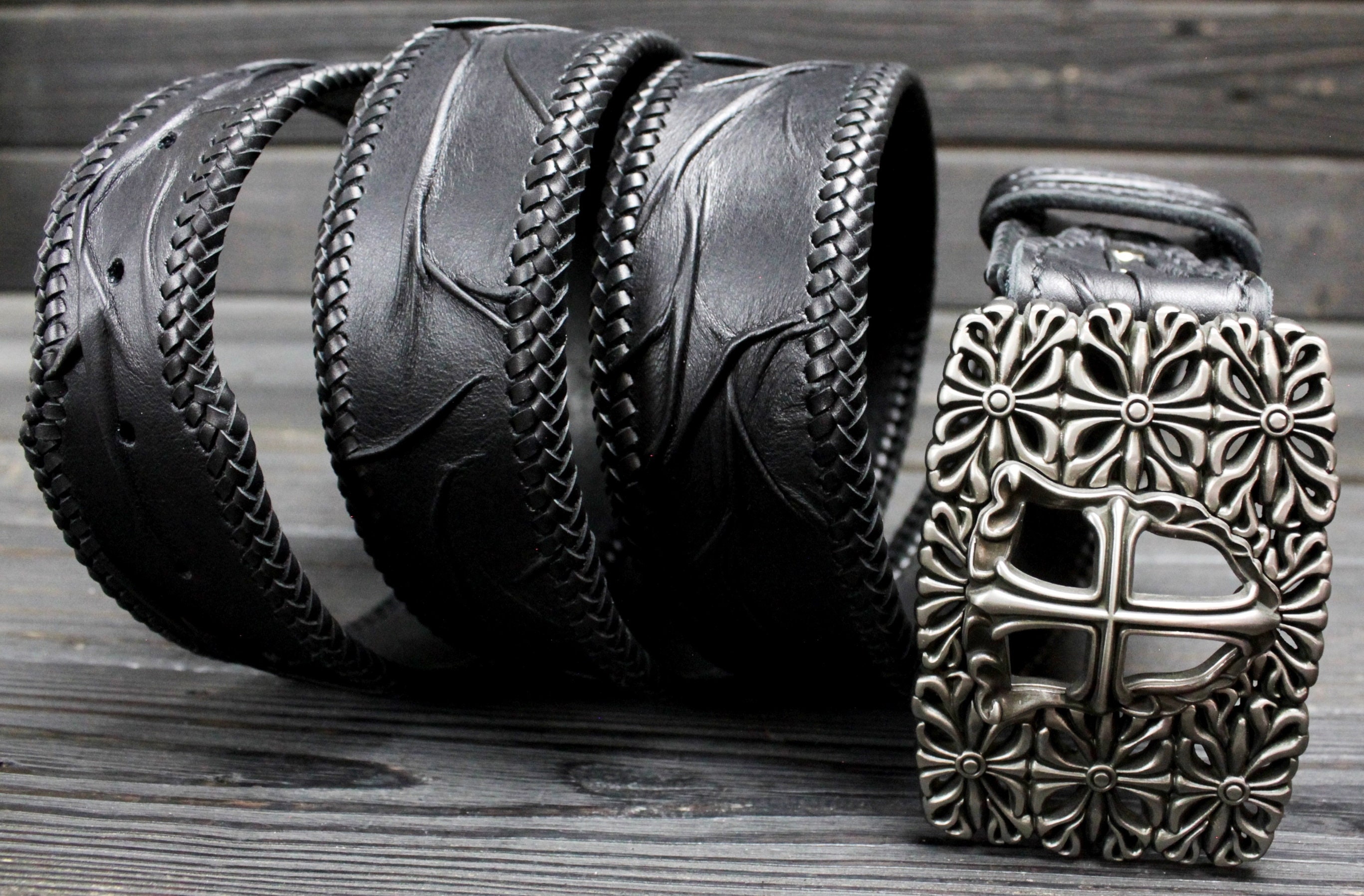 Black Leather Handbraided Belt Gothic Cross, Handmade Black Leather ...