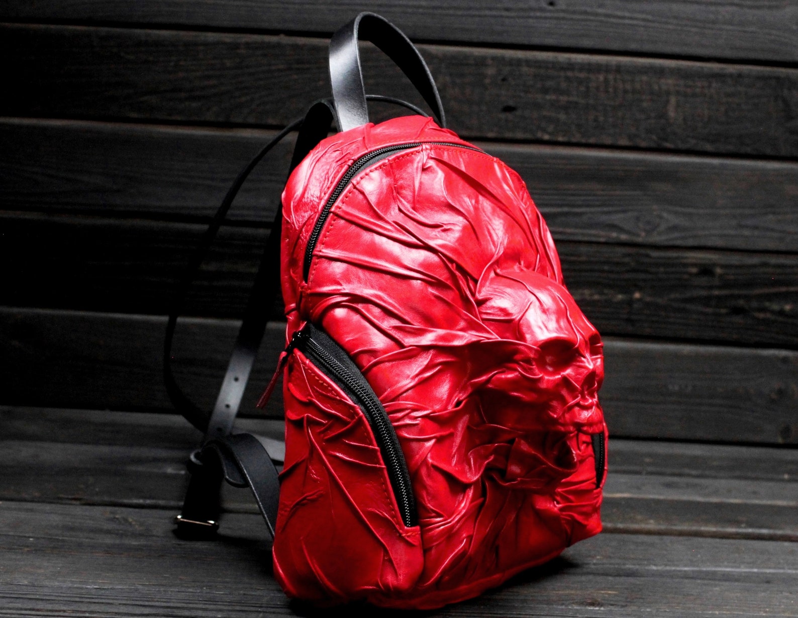 Red leather women backpack Skull Gothic style Custom design | Etsy