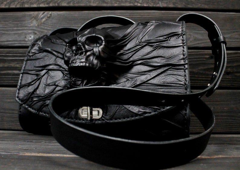 Custom Design Black Leather Bag With Gothic Skull Handmade - Etsy
