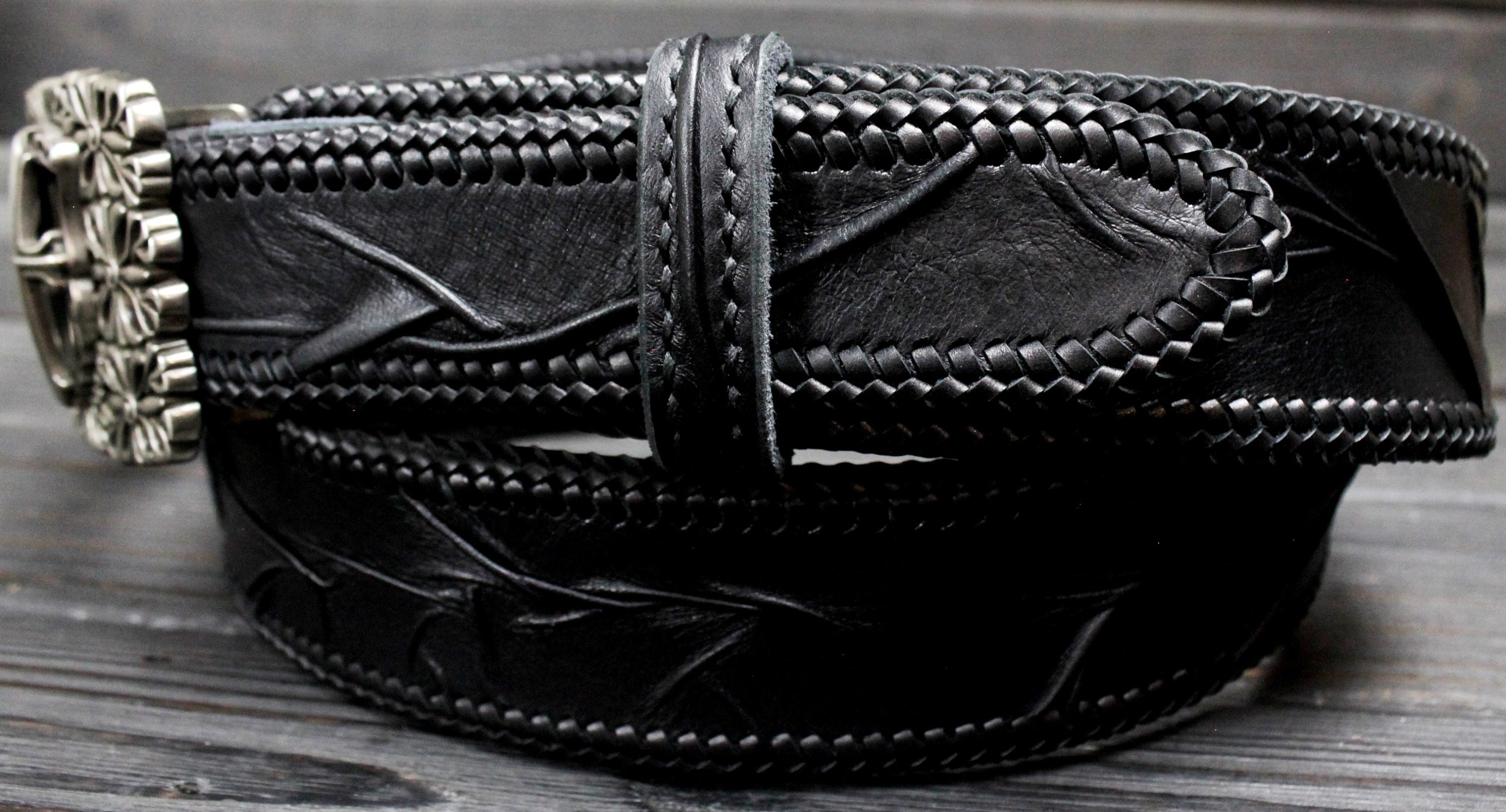 Black Leather Handbraided Belt Gothic Cross, Handmade Black Leather ...