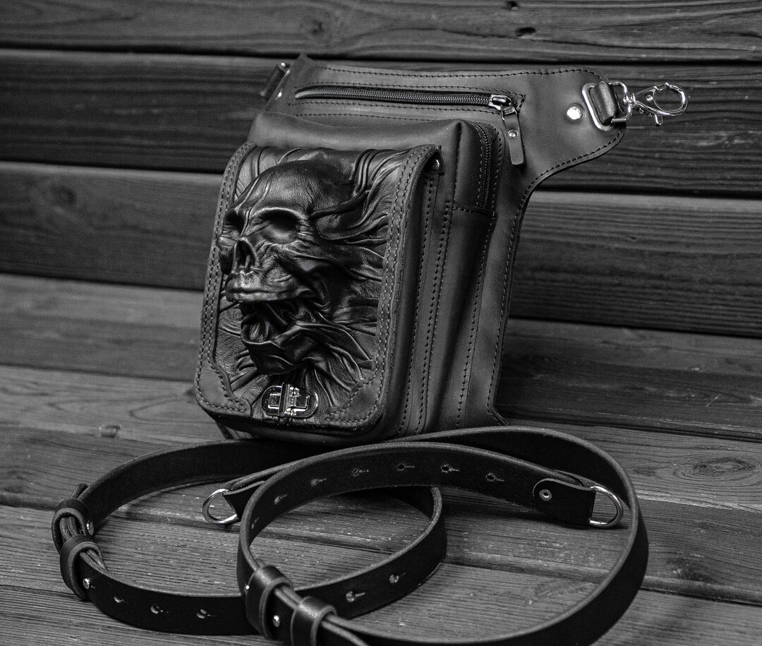 Handmade Leg Bag, Leather Bag Skull, Leather Leg Bag, Bikers Leg Bag ...