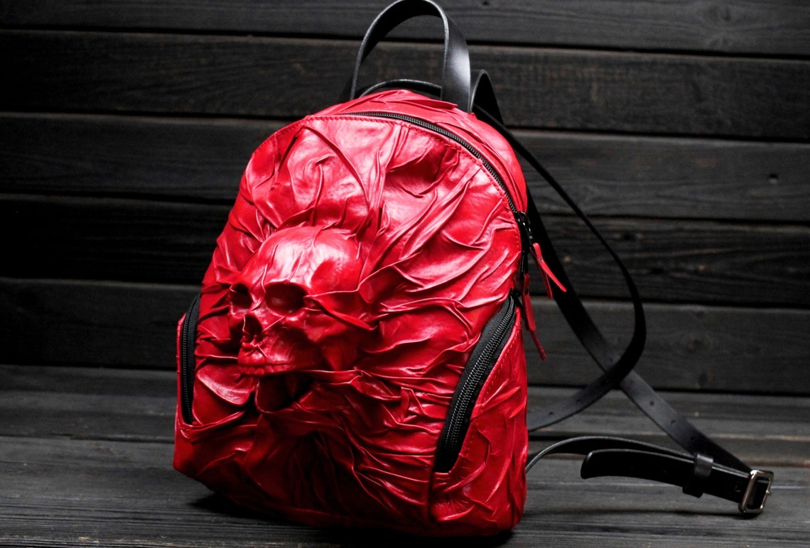 Red leather women backpack Skull Gothic style Custom design | Etsy