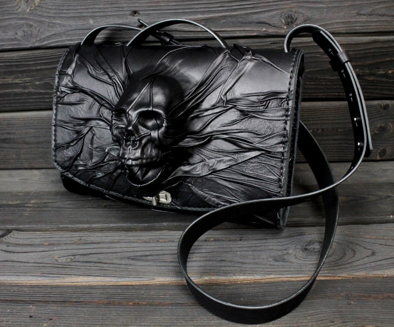 Custom Design Black Leather Bag With Gothic Skull Handmade - Etsy