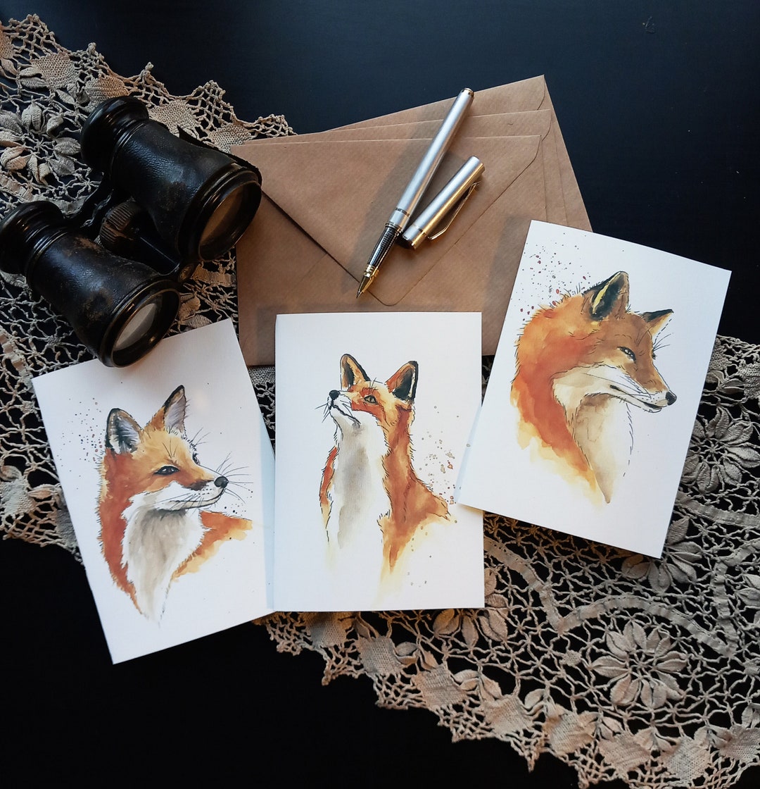Set of 3 Double Watercolor Red Fox Postcards, From My Original ...