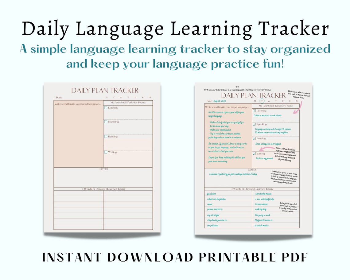 Language Learning Tracker, Daily Planning Pages, Journal Pages ...
