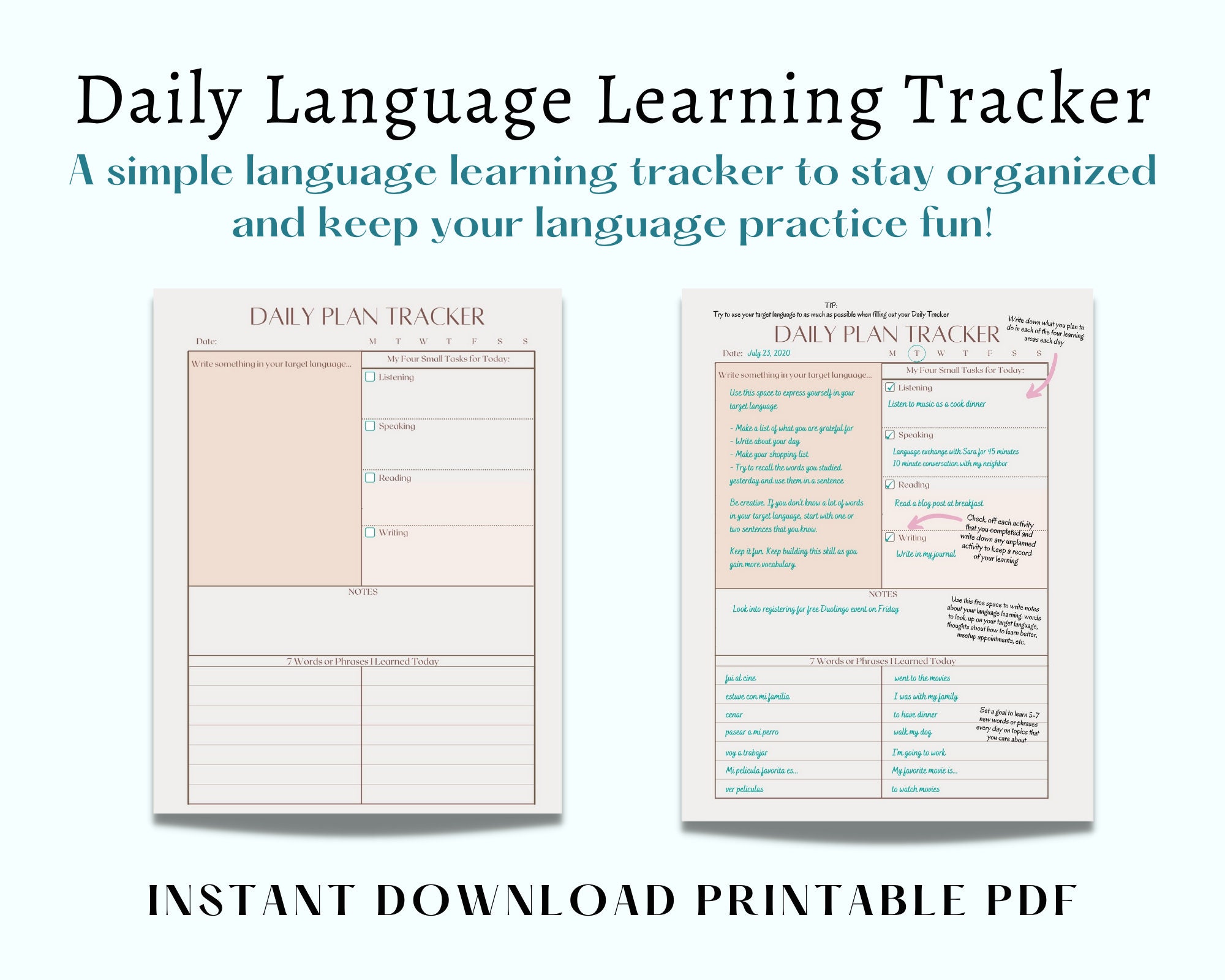 Language Learning Tracker, Daily Planning Pages, Journal Pages ...