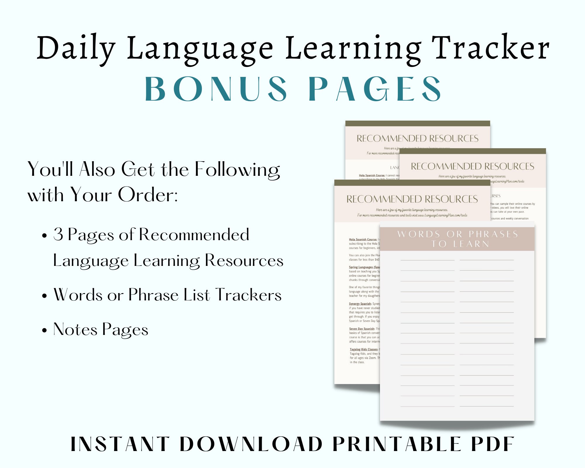Language Learning Tracker, Daily Planning Pages, Journal Pages ...