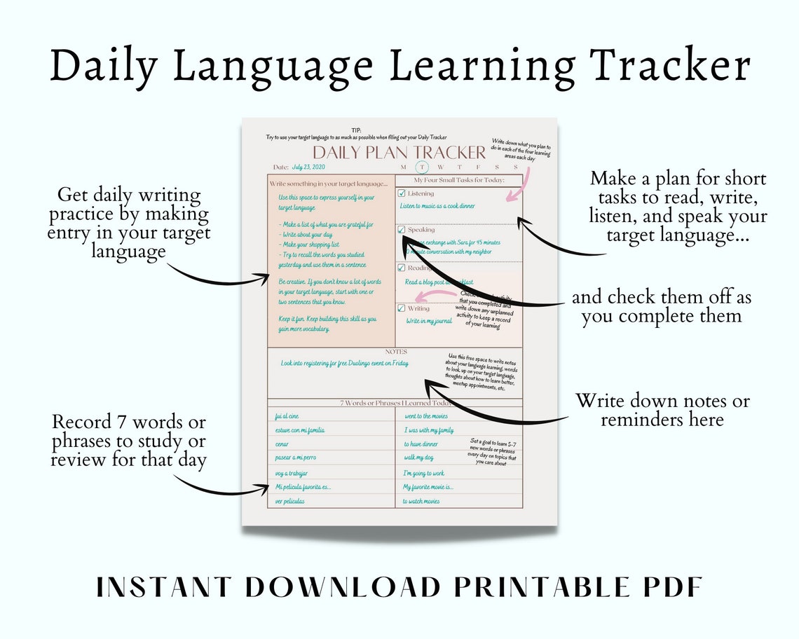 Language Learning Tracker, Daily Planning Pages, Journal Pages ...