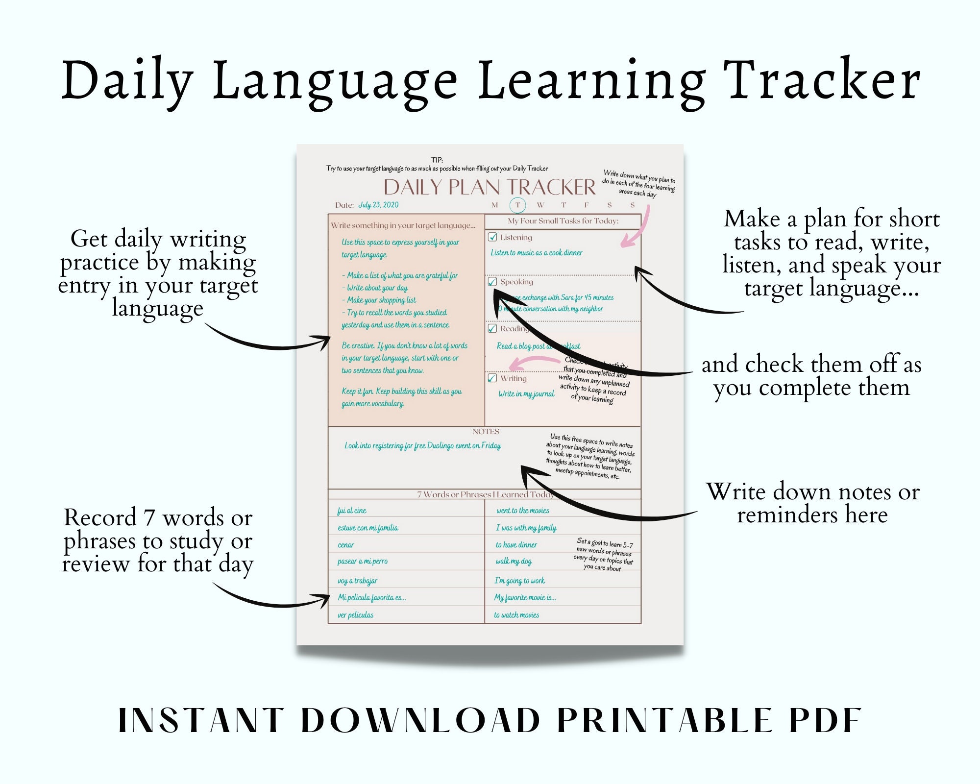 Language Learning Tracker, Daily Planning Pages, Journal Pages ...