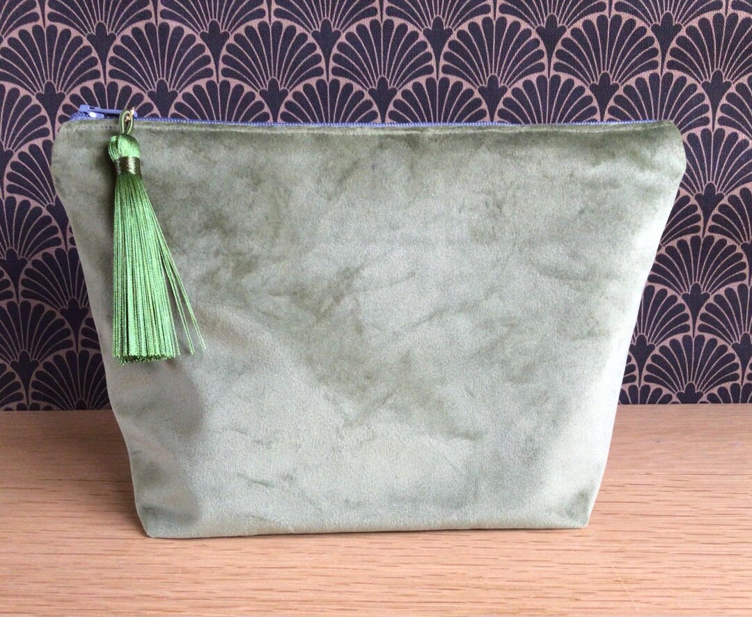 Olive Green Velvet Fabric Makeup Bag Toiletry Bag Zipped Storage ...